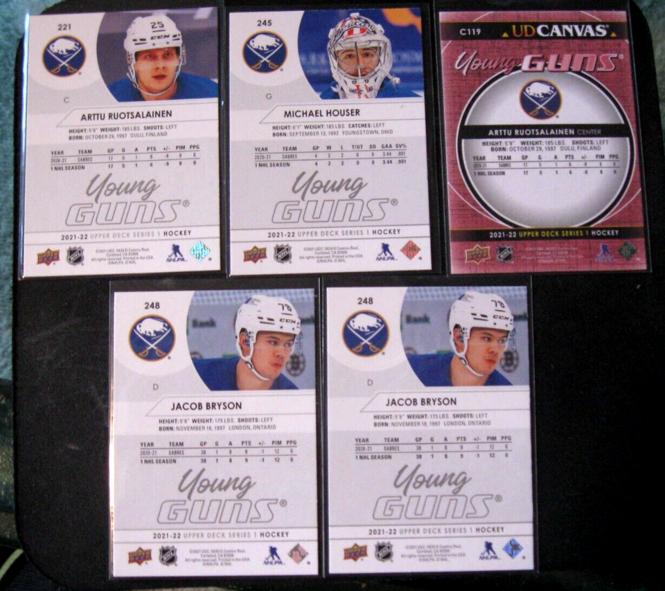 BUFFALO SABRES 5-CARD LOT 2021-22 Upper Deck Young Guns HOUSER/RUOTS ...