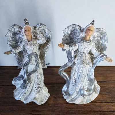 2002 - Set of 2, Home Interior Angel Ornaments, White & Silver Glitter ...