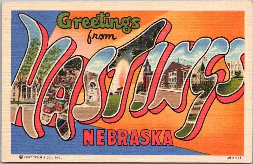 HASTINGS, Nebraska Large Letter Greetings Postcard Curteich Linen c1942 ...