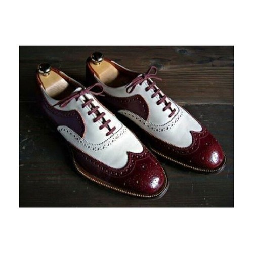 Men's New Handmade White, Burgundy Leather Oxford Wingtip Brogue Lace ...