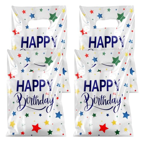 100 Pack Happy Birthday Party Favor Bags, 7" x 10" White Plastic Bags ...