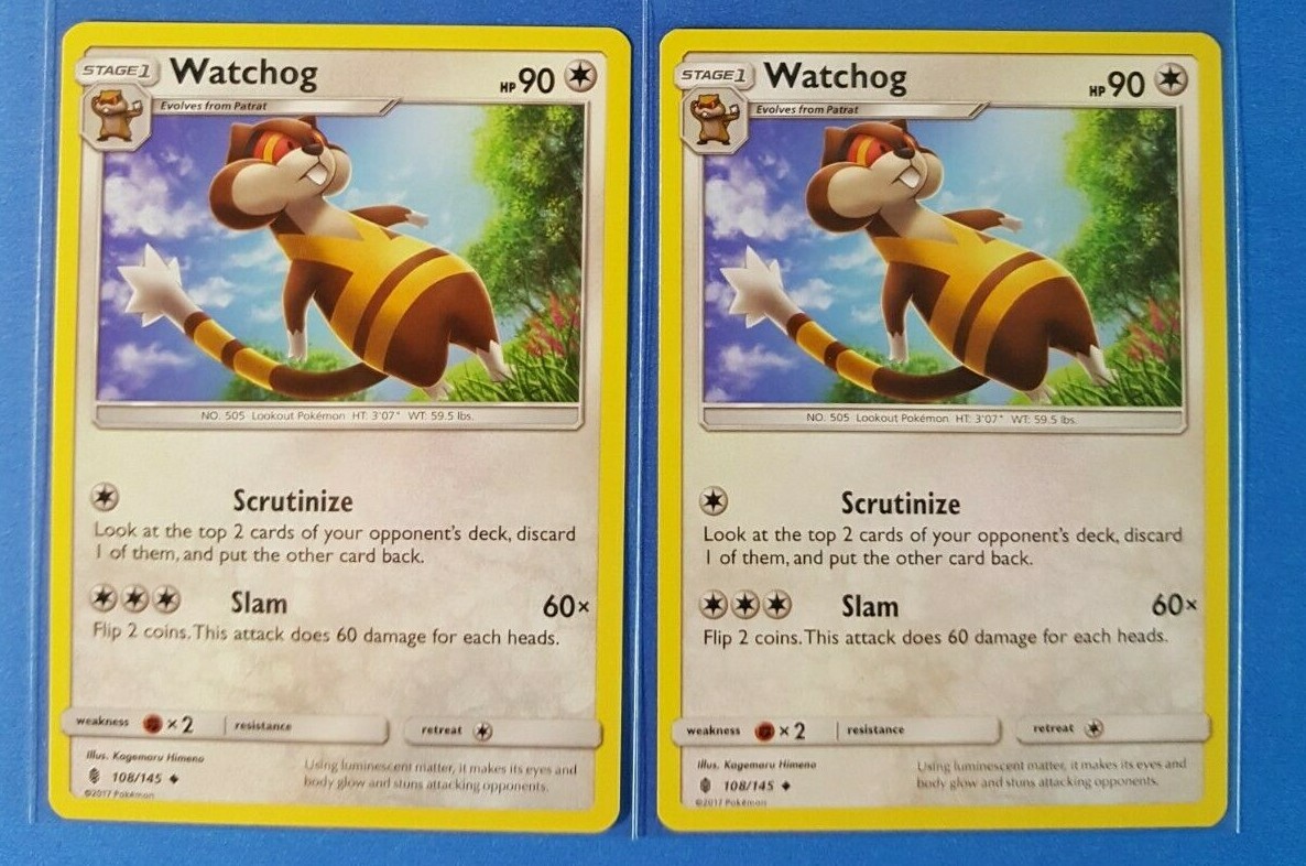 2x Watchog 108/145, 2x Patrat 107/145 Pokemon card SM Guardians Rising ...