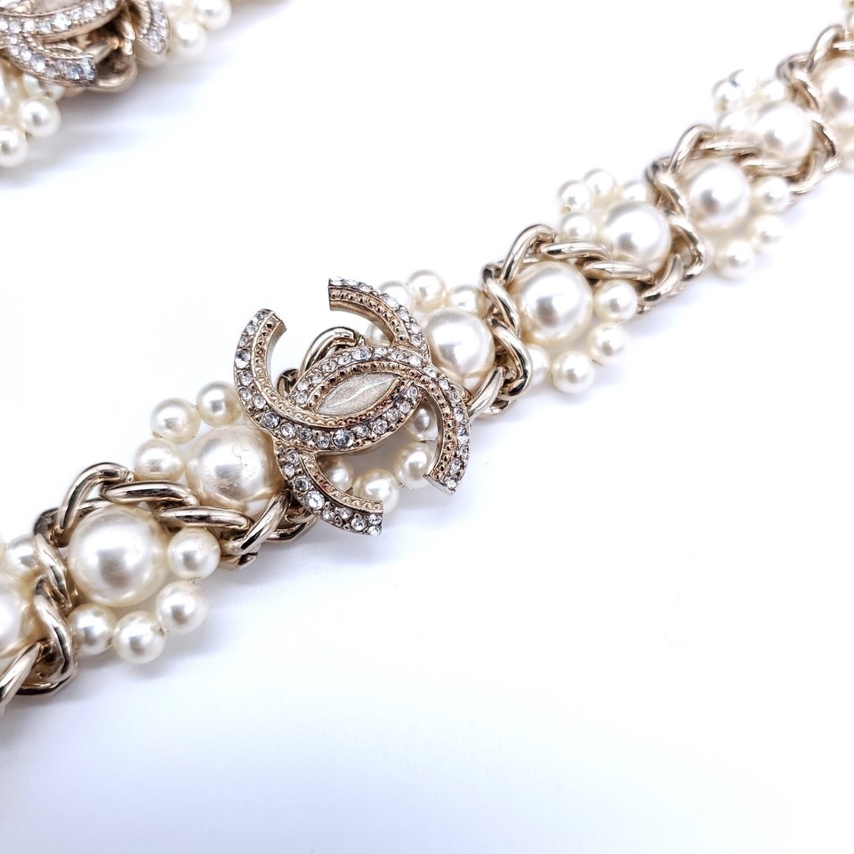 CHANEL Pearl Crystal CC Lanyard Necklace Gold | eBay UK