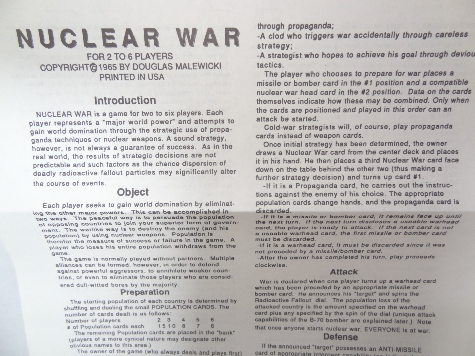 Nuclear War Board Card Game by Blade / Flying Buffalo Instruction Sheet ...