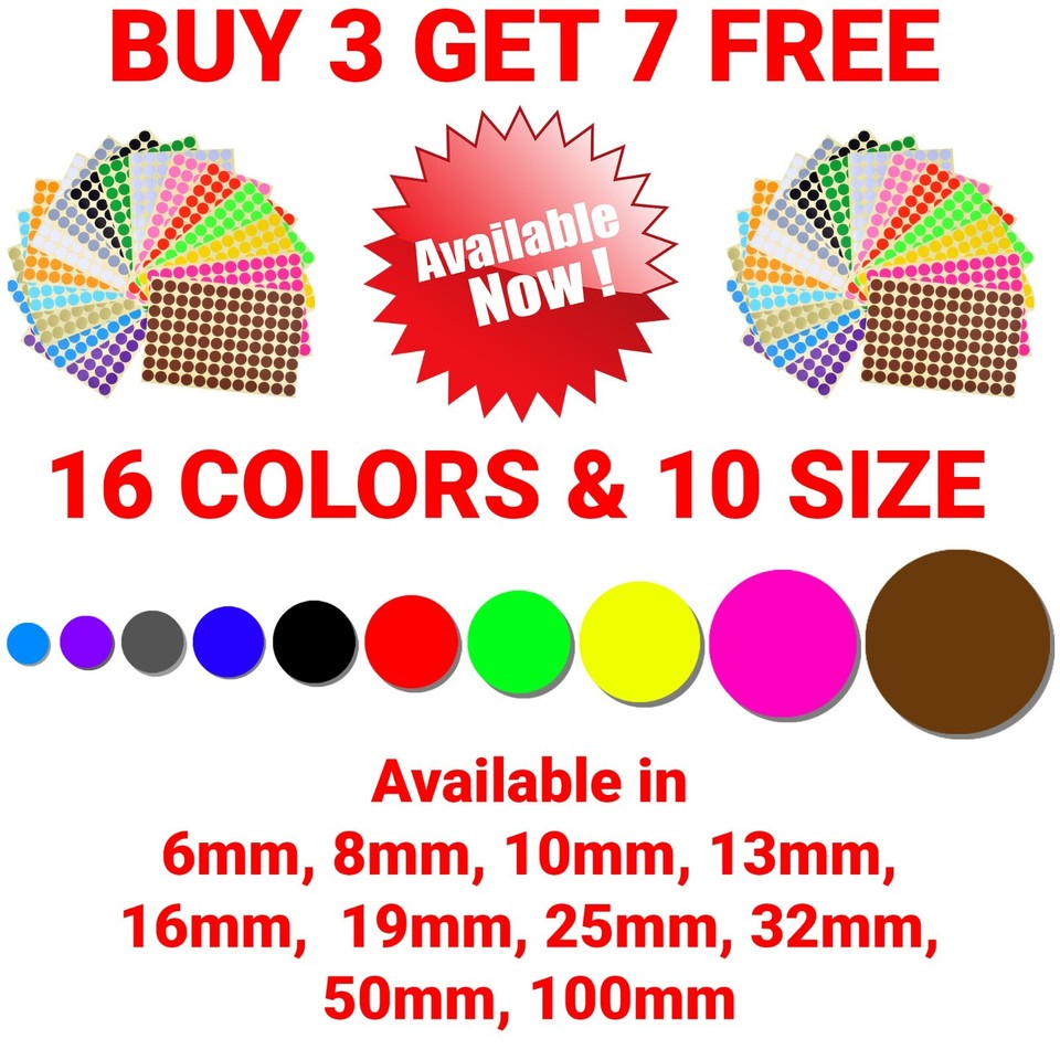 ANY SIZE Coloured Dot Stickers Round Spot Circles Dots Labels Buy 3 Get ...