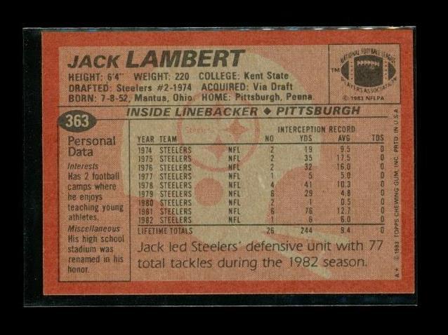 Vintage 1983 TOPPS AFC PRO BOWL Football Trading Card #363 JACK LAMBERT ...