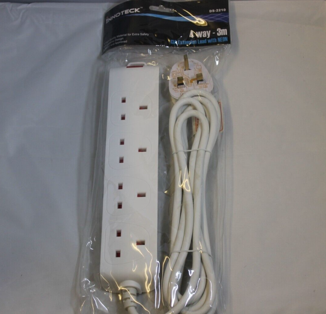 4 way Main SOCKET EXTENSION LEAD CABLE Neon 3M 13A Heavy Duty Top ...