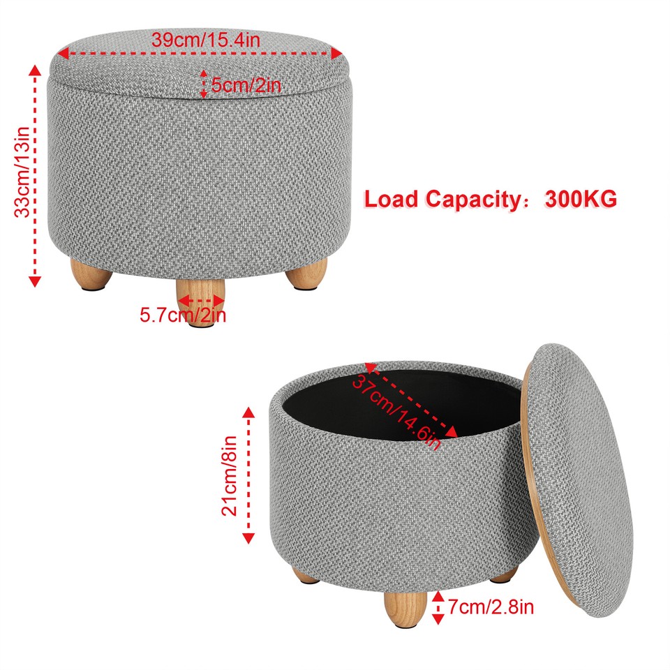 Round Ottoman Footrest w/ Storage Wooden Legs Linen Cover Padded ...