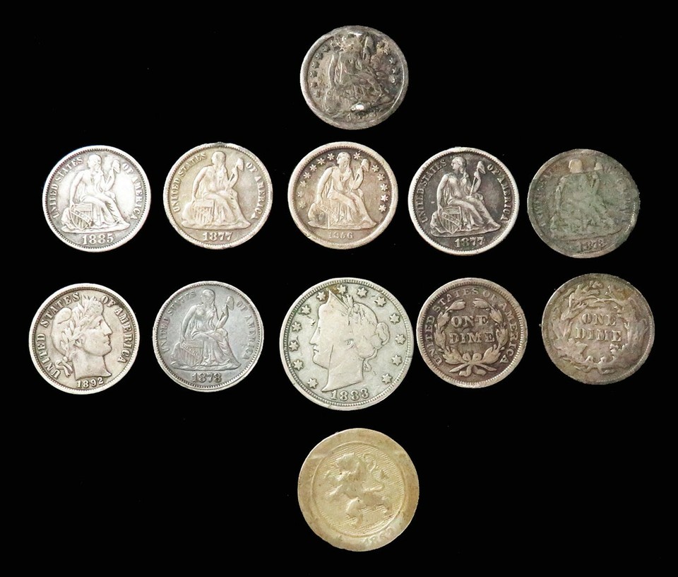 12 ANTIQUE COINS LOVE TOKENS USA BARBER LIBERTY DIMES & MISC 12 COIN ...