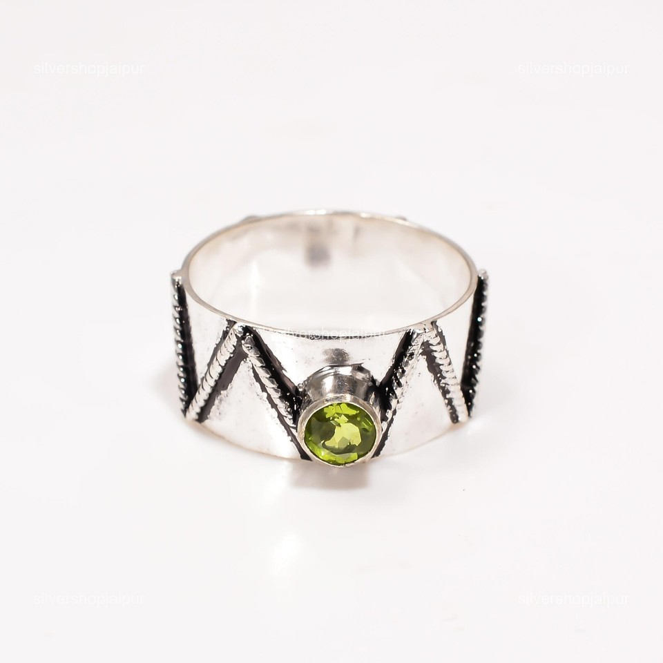 925 Solid Silver Faceted Natural Peridot Art Deco Stackable Ring ...