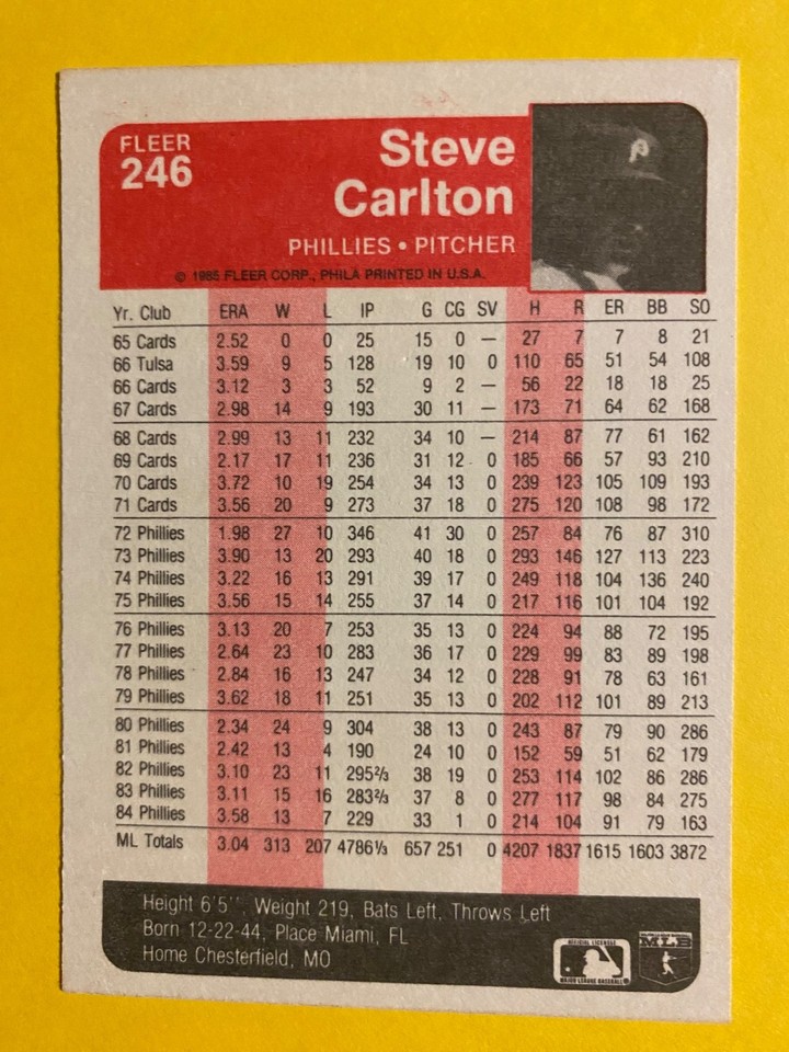 1985 Fleer #246 Steve Carlton Philadelphia Phillies (HOF) NM-MINT FREE ...