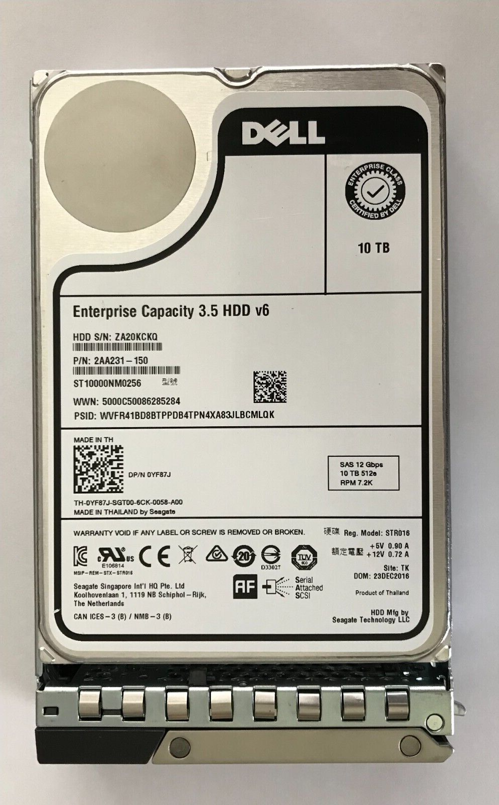 YF87J DELL 10TB 7.2k 12Gb/s NL SAS 3.5in 512e HDD 0YF87J ST10000NM0256 ...