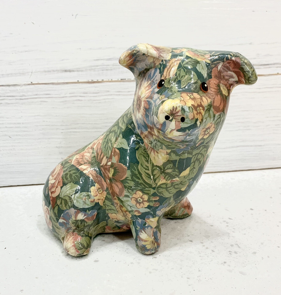 Vintage Flower Decoupage Paper Mache Ceramic Sitting Pig Piglet Statue ...