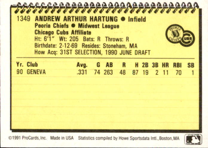 1991 Peoria Chiefs ProCards #1349 Andy Hartung Stoneham Massachusetts ...