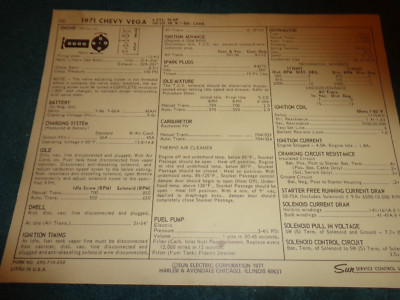1971 CHEVROLET VEGA 140 I-4 ENGINE SUN TUNE-UP CHART / 1BBL / 90HP | eBay