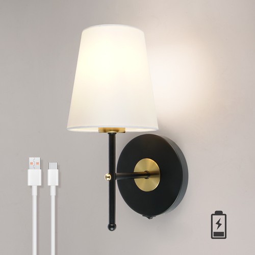 Battery Operated Wall Sconce Rechargeable Fabric Shade Light Fixtures ...