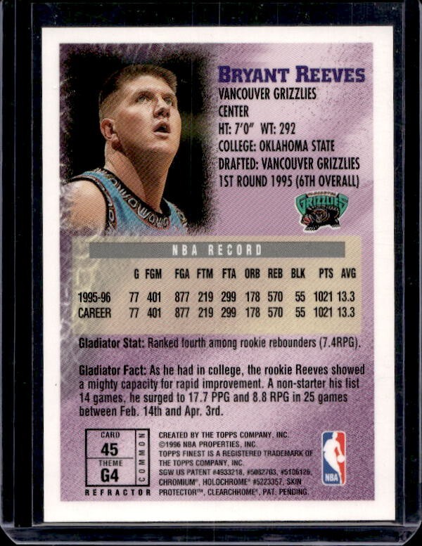1996-97 Topps Finest Bryant Reeves Refractor With Peel #45 Memphis ...