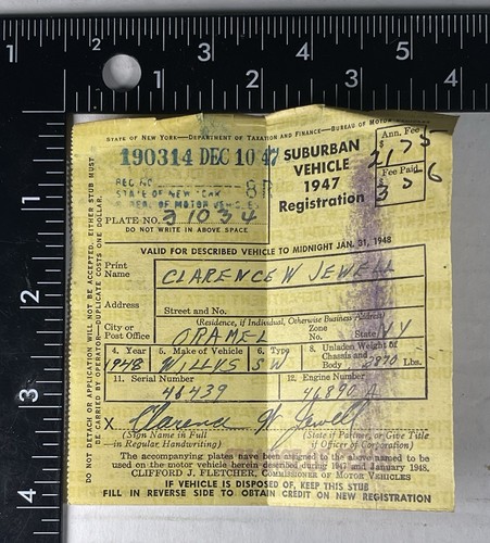 Vintage 1947 NYS Suburban Vehicle Willys Station Wagon Registration ...