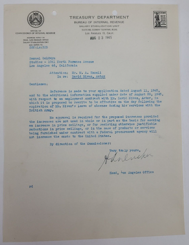 1945 signed document regarding actor David Niven and his service in ...