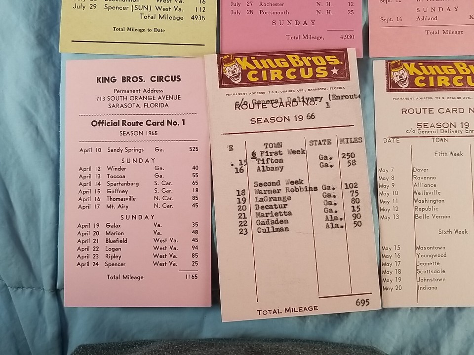 Lot of 7 KING BROS CIRCUS Official Route Cards 1960s | eBay