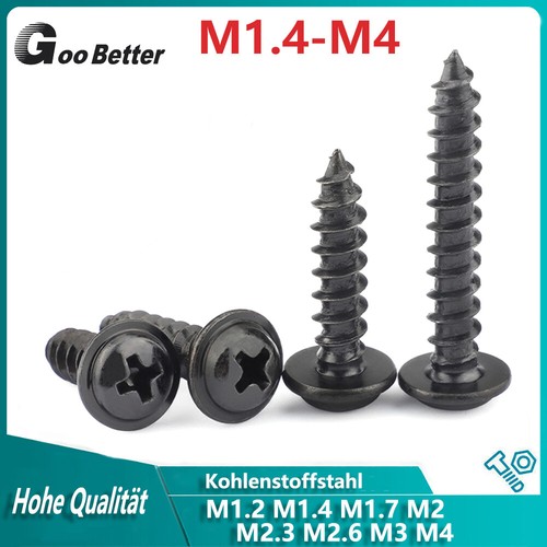 M1.4-M4 Holzschrauben Blechschrauben mit Scheibe Kreuzschlitz Schwarz ...