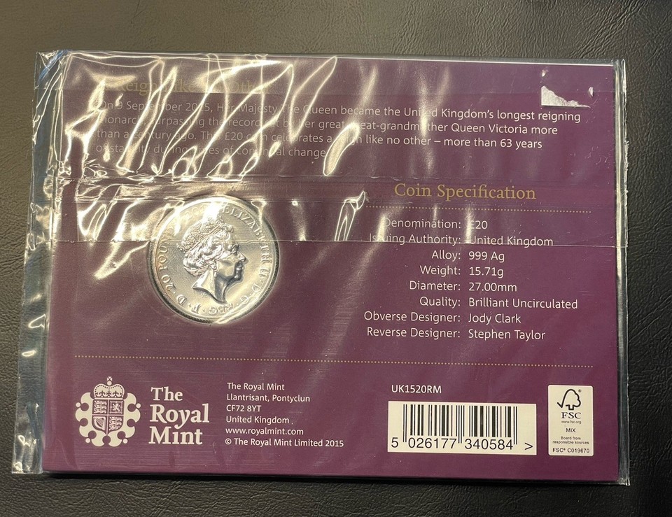 2015 the Longest Reigning Monarch £20 Pound Fine Silver Coin | eBay