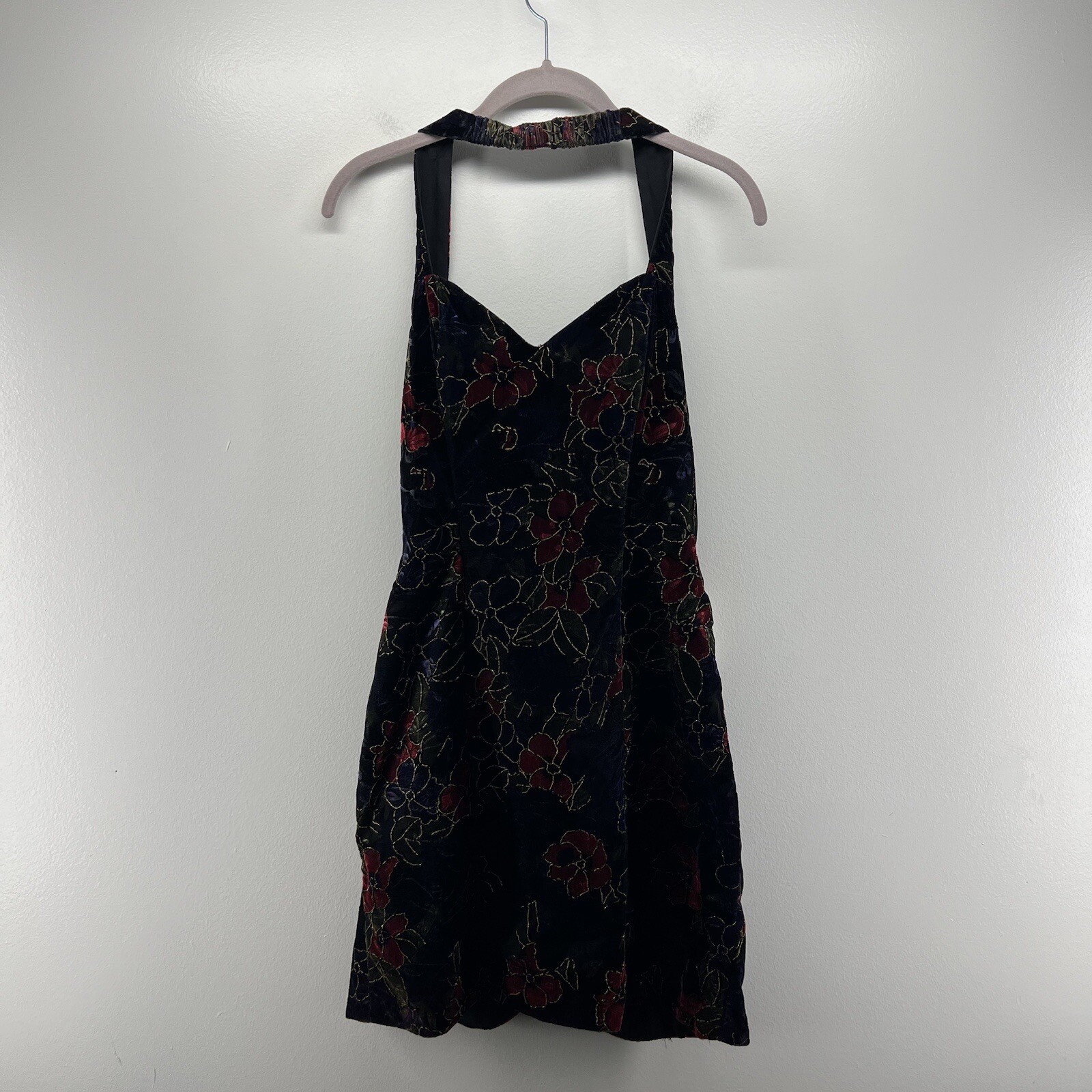 Vintage Rampage Dress Womens 11 Black Floral Velvet Halter Short ...