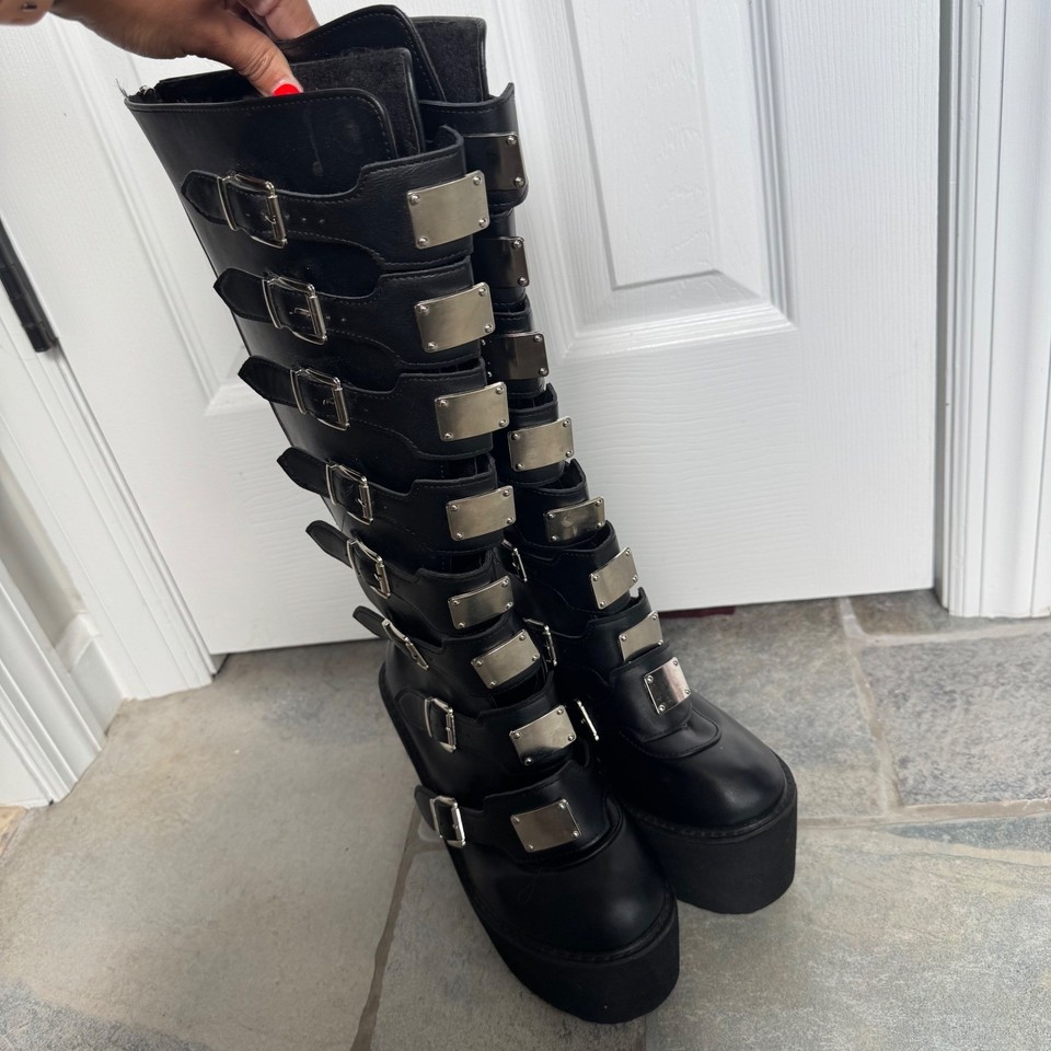 Goth Platform Knee High Buckle Boots Sz 6 Alt Punk Y2K Cyber Rave ...