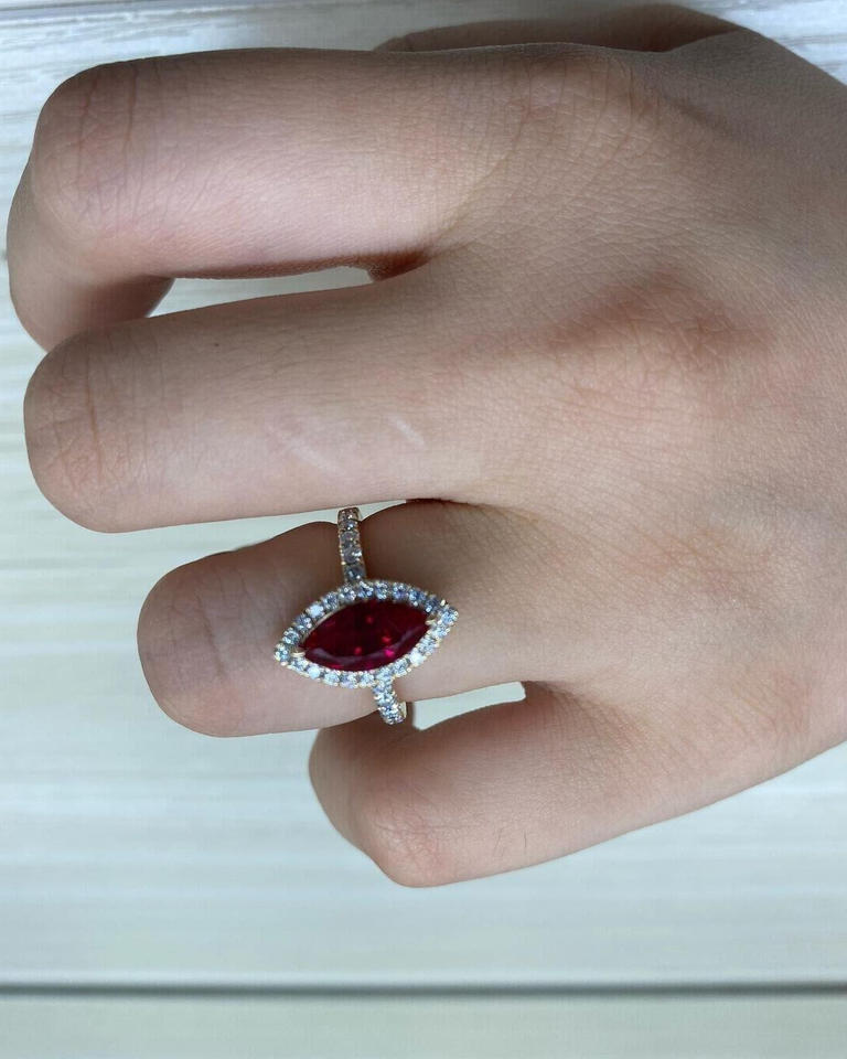 Fancy Red Marquise Cut Cubic Zirconia Halo 925 Sterling Silver Wedding ...