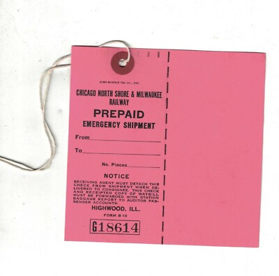 North Shore Line Railway Un-Used Prepaid Emergency Shipment Tag | eBay