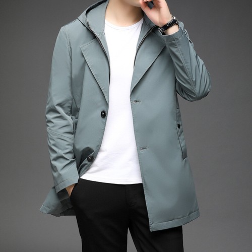 Men's Casual Hooded Suit Collar Windbreaker Coat Business Mid Length ...