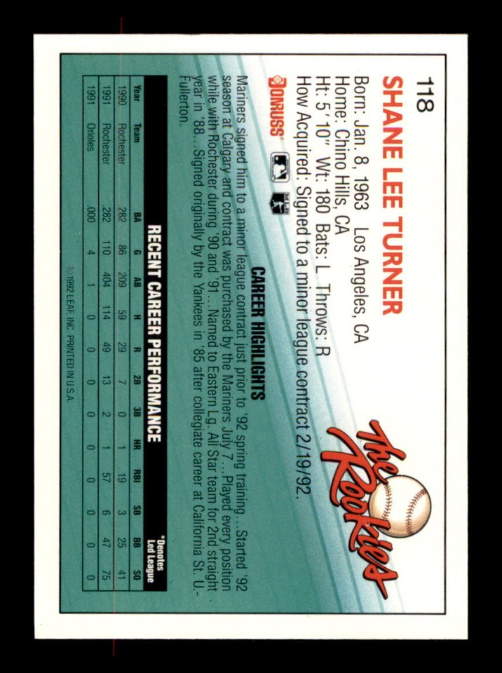 1992 BASEBALL 1992 Donruss The Rookies Shane Turner Seattle Mariners ...