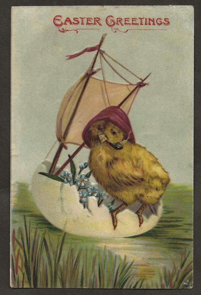 Postcard Easter Fantasy Anthropormorphic Chick Sailor Egg Sail Boat ...