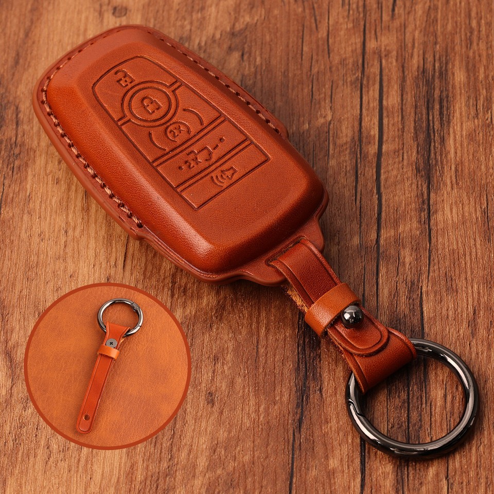 LEATHER Key Fob Chain For Ford 5 Button Remote Accessories Cover Case ...