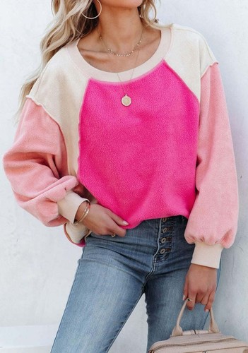 Pink Colorblock Pullover Fleece Top | eBay