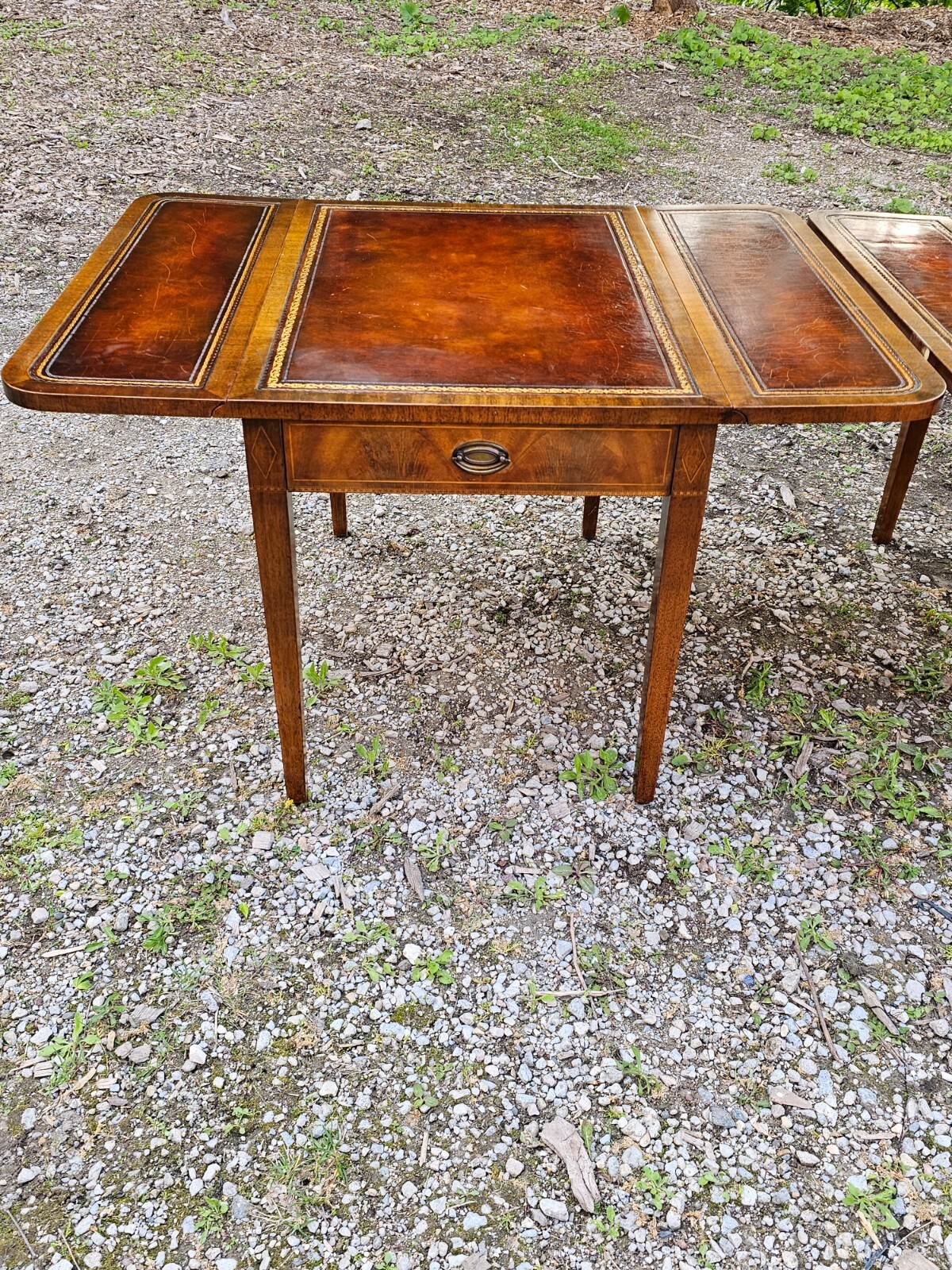 Antique Pembroke Double drop leaf leather top end table Pair by Weiman ...