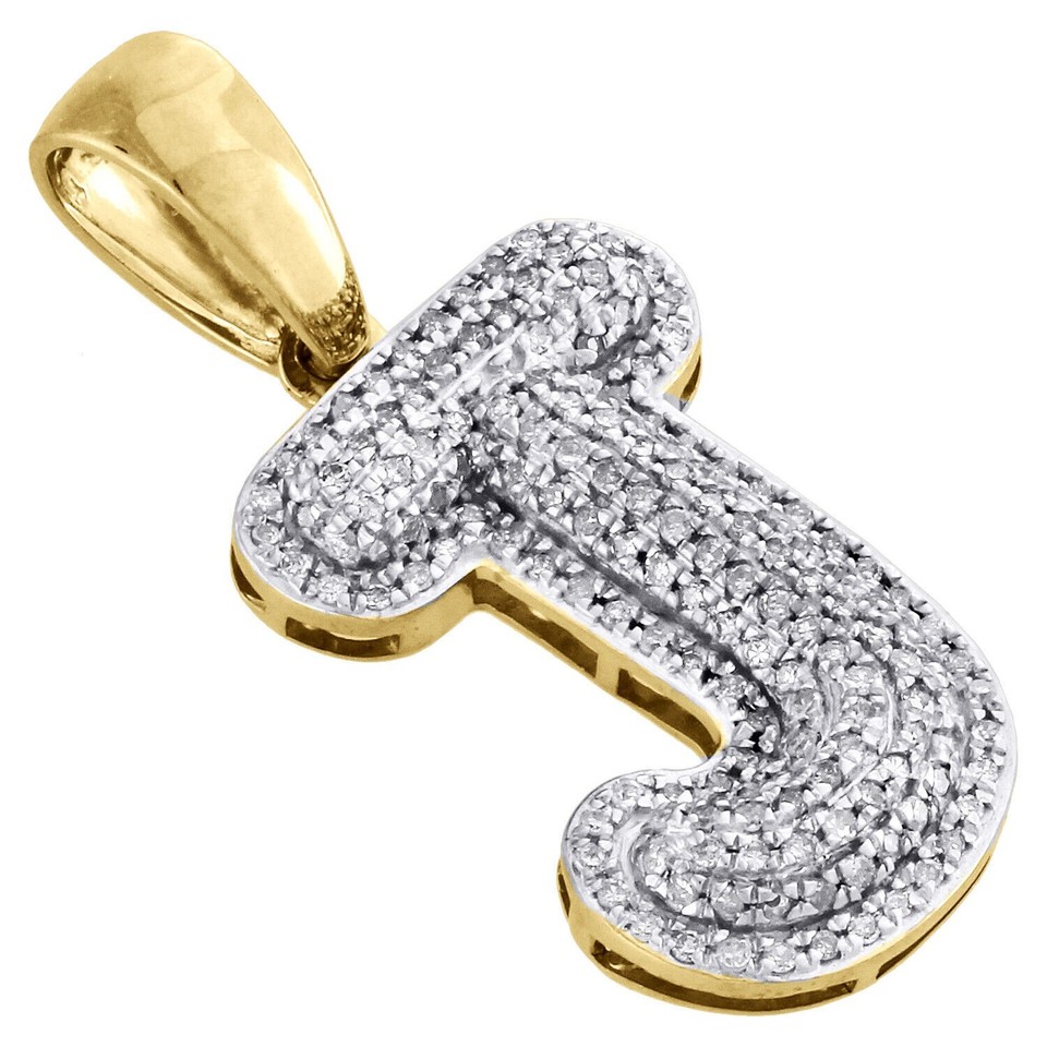 10K Real Yellow Gold Diamond Mini Bubble Letter J Pendant 0.50CT Hip ...