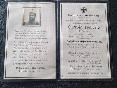 original german ww1 Death Card Ludwig Heberle 1rir Fell 6 June 1915 ...
