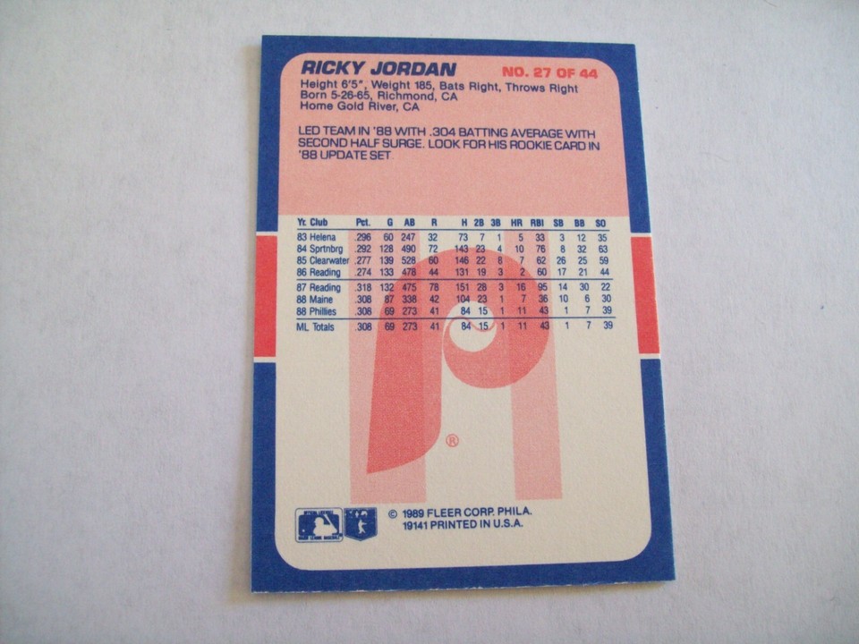 RICKY JORDAN 1989 FLEER #27 PHILADELPHIA PHILLIES Baseball's Exciting ...