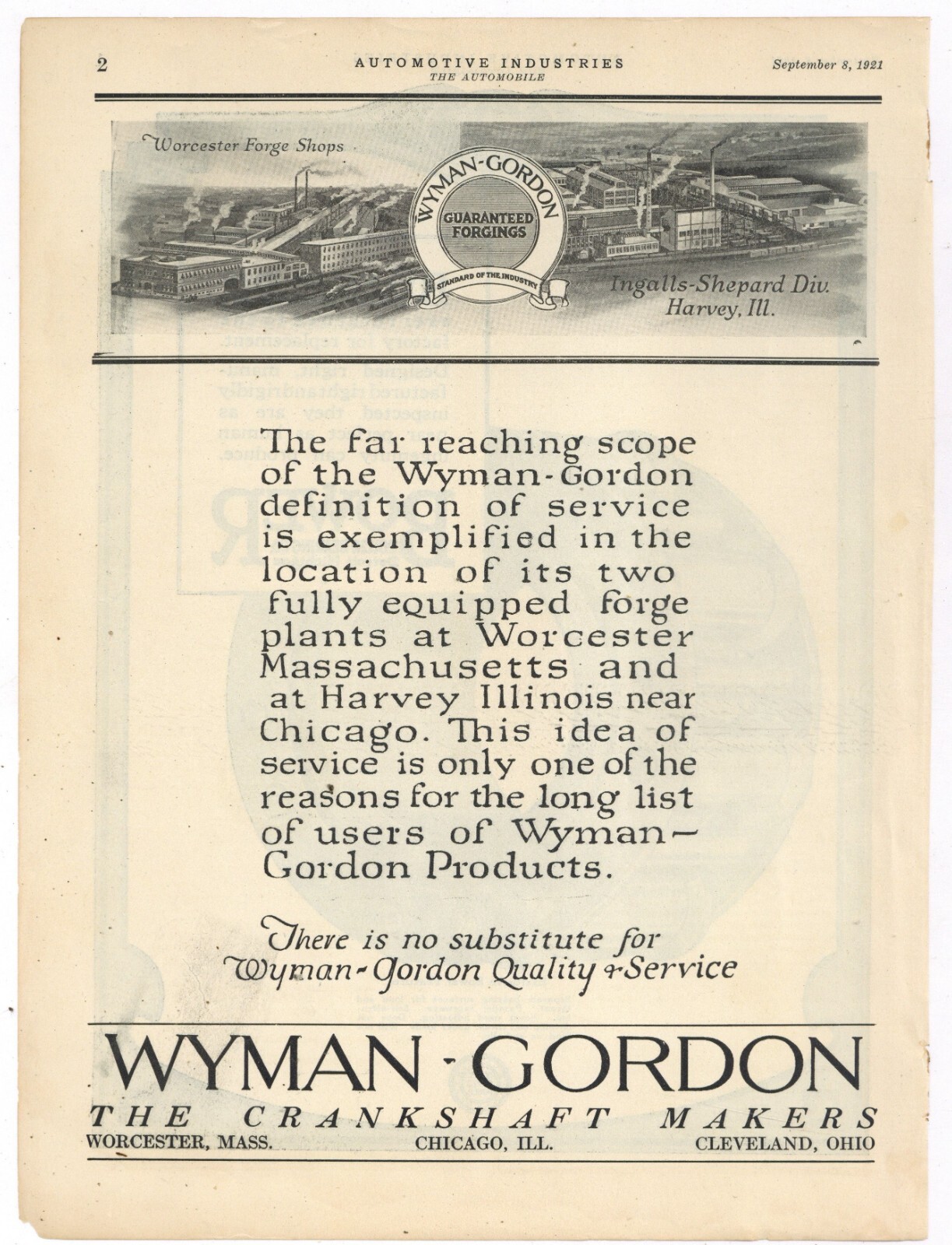 1921 Wyman Gordon Ad: Auto Part Forgings - Worcester & Harvey Illinois ...