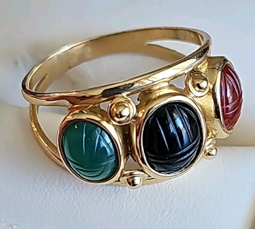 Solid 14k Gold Scarab Ring Three Stone Gemstone SJ Re… - Gem