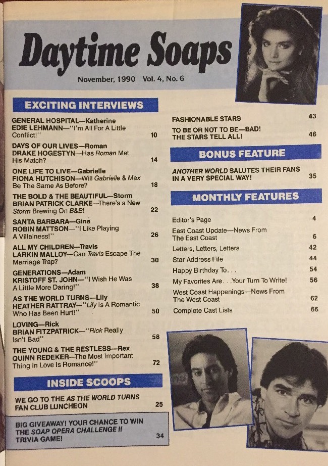 Daytime Soaps Nov 1990 Vol 4 No 6 Soap Opera Collectable | eBay