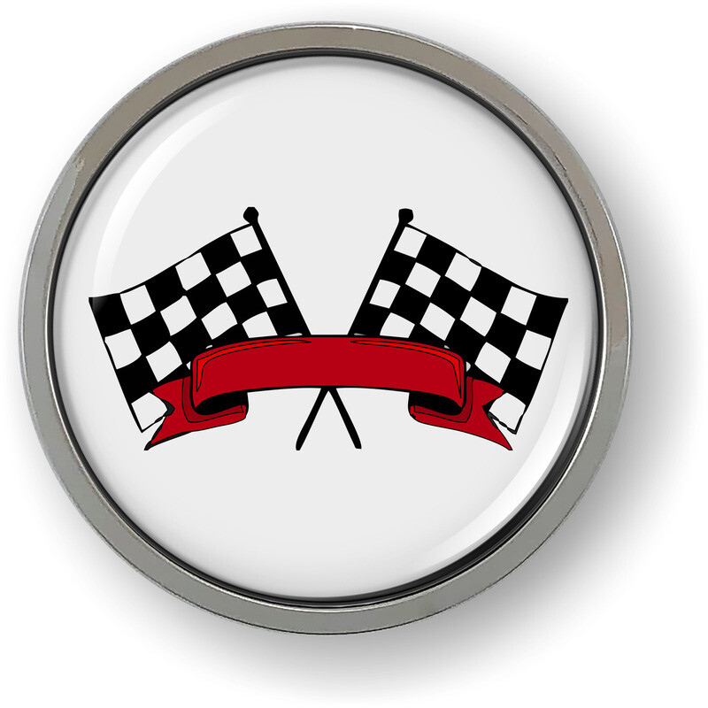 RACING FLAGS 3D Domed Emblem Badge Car Sticker METAL Chrome Bezel ROUND ...