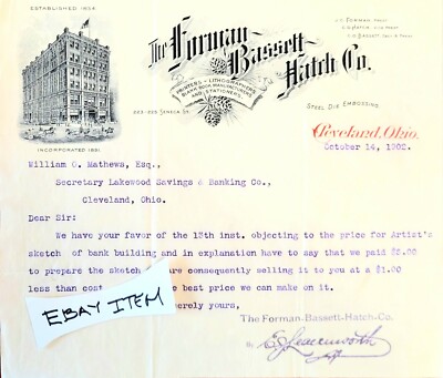 1902 Cleveland Ohio Forman Bassett Hatch Co. lithography Jonathan C ...