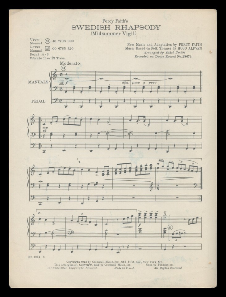 SWEDISH RHAPSODY Percy Faith 1953 ETHEL SMITH ORGAN SOLO Vintage Sheet ...