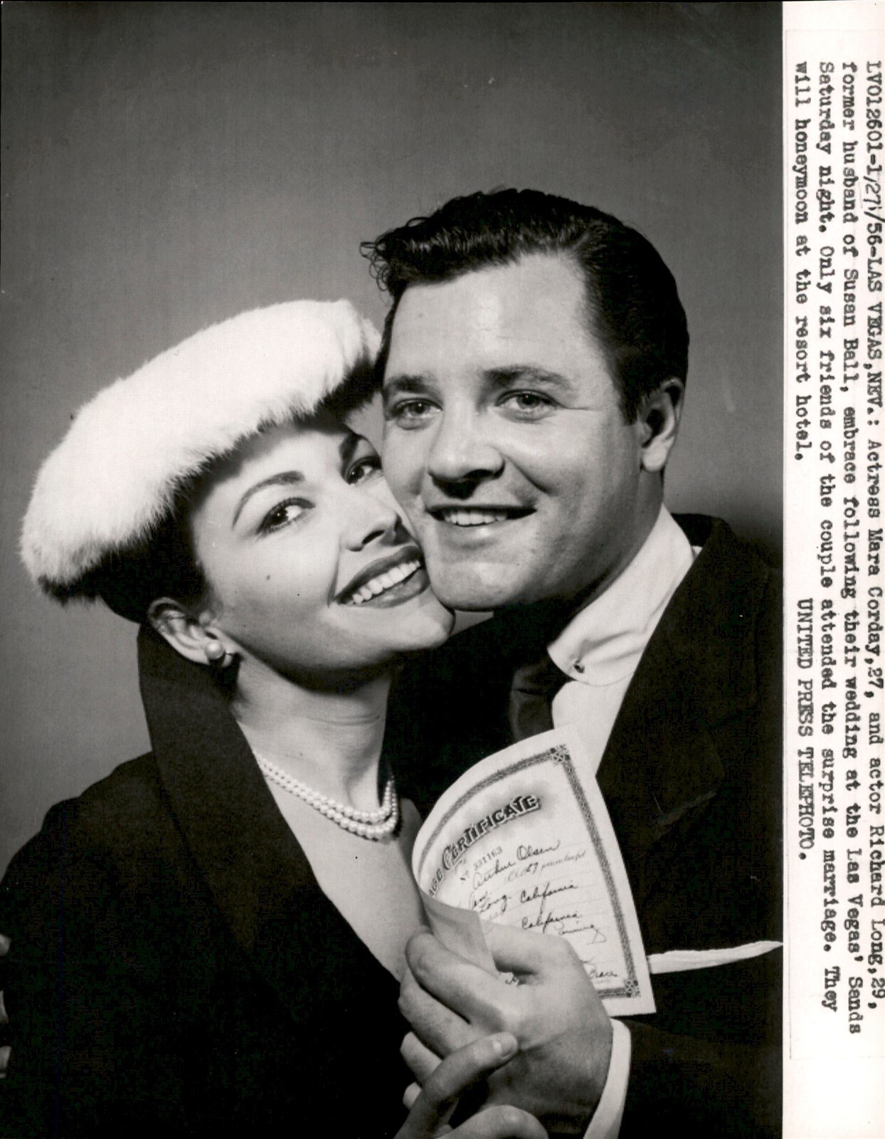 LG981 1956 Wire Photo ACTRESS MARA CORDAY WEDS ACTOR RICHARD LONG LAS ...