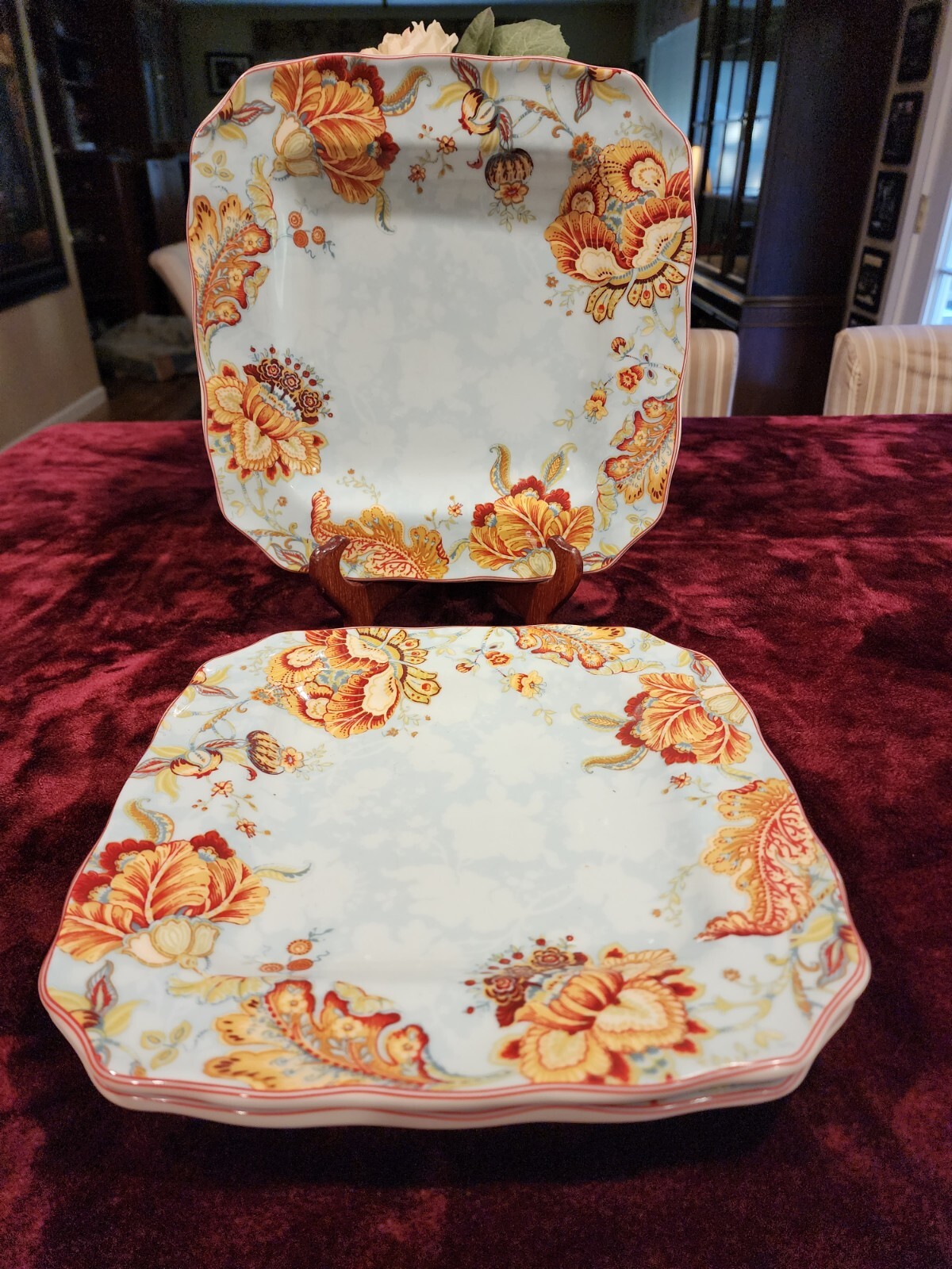 3 - 222 Fifth Gabrielle Spring Blue Square Scalloped Dinner Plates ...