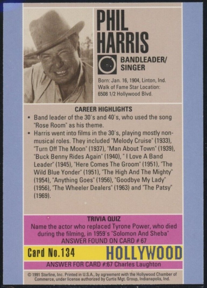 1991 Starline Hollywood Phil Harris Singer #134 | eBay