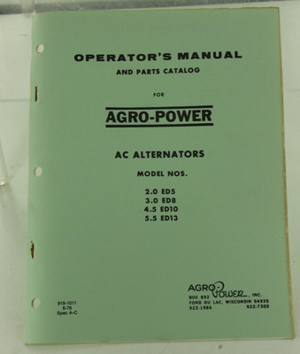 Vintage ARGO-POWER AC Alternator Operators Manual & Parts Catalog | eBay