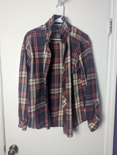 Men's Orange Blue Plaid Button-Up Flannel Shirt Shacket 100% Cotton L ...